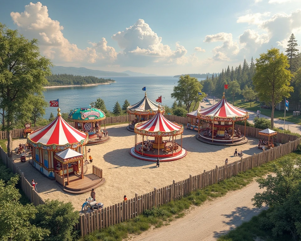 Create a realistic image of a budget-friendly small amusement park ...