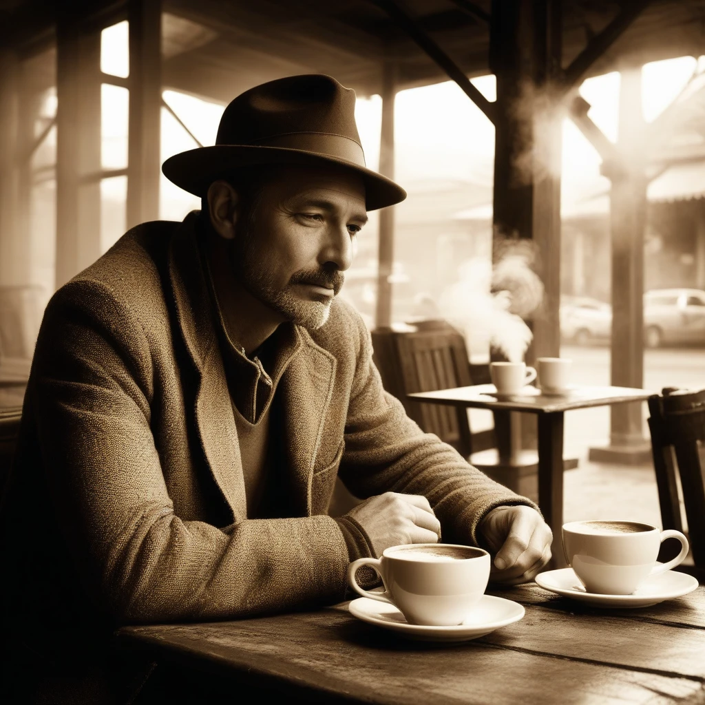 Ruined cafe、Sepia、Steaming coffee、Man Wearing a Hat - SeaArt AI