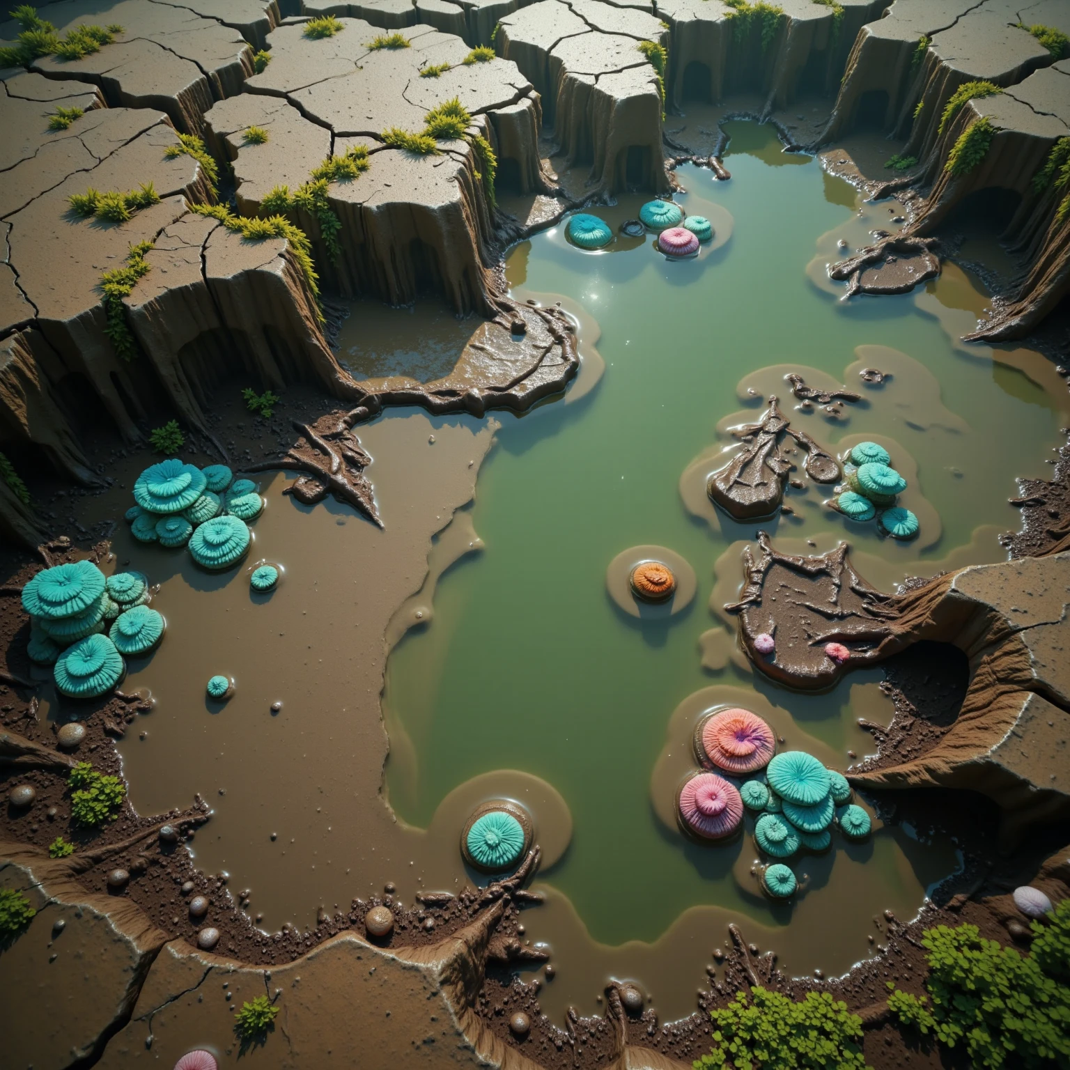 8K realistic terrain perfectly flat, extreme top-down angle, aged ...