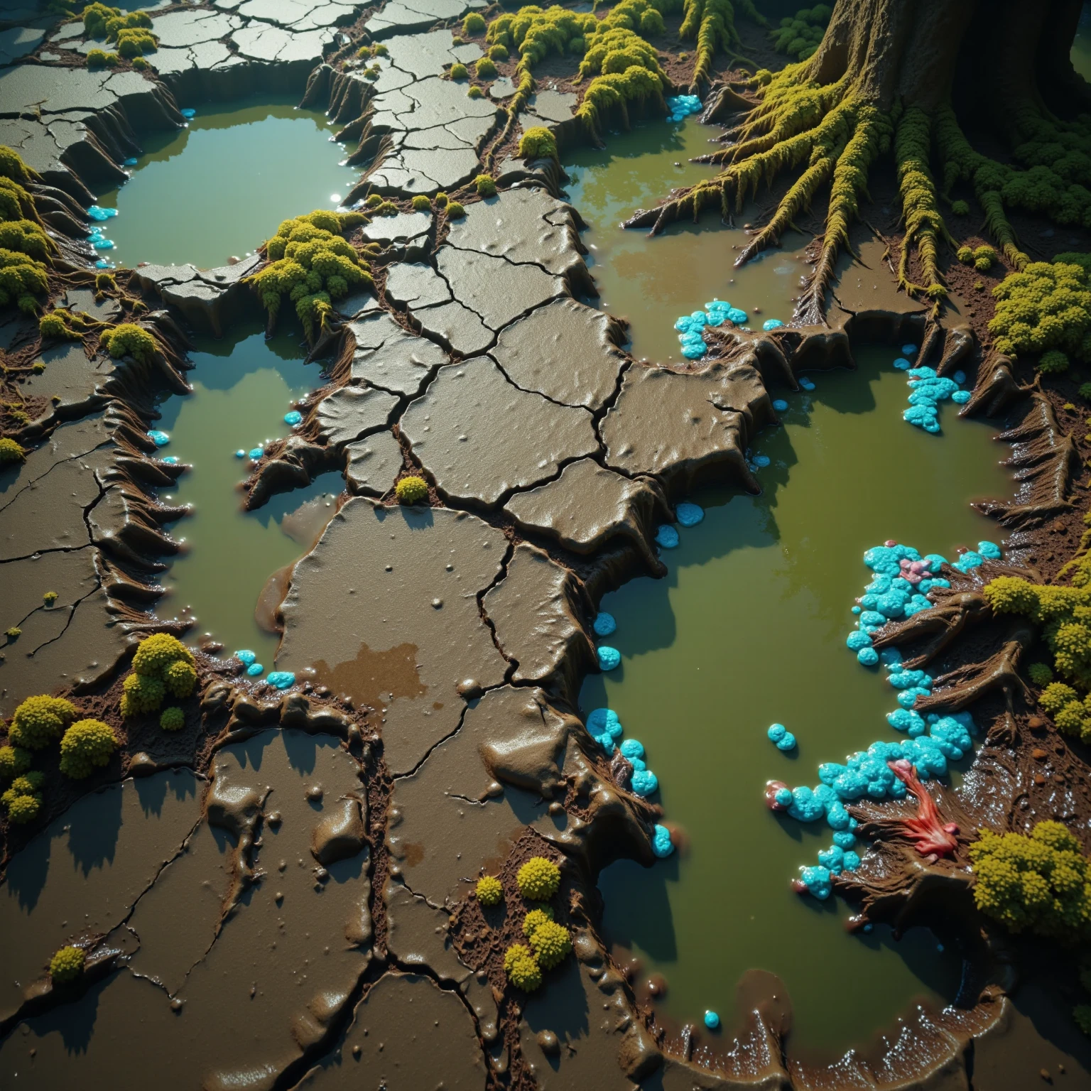 8K realistic terrain perfectly flat, extreme top-down angle, aged ...