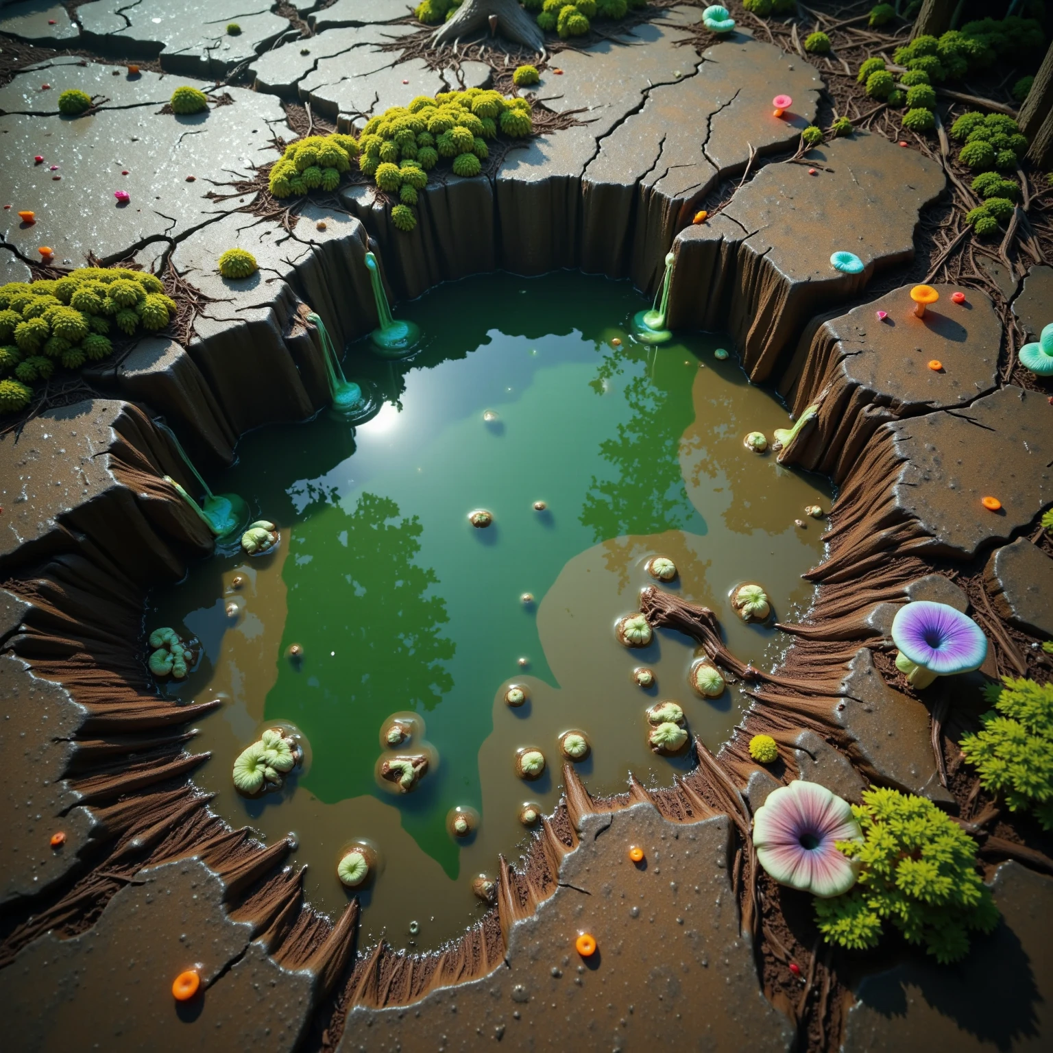 8K realistic terrain perfectly flat, extreme top-down angle, aged ...