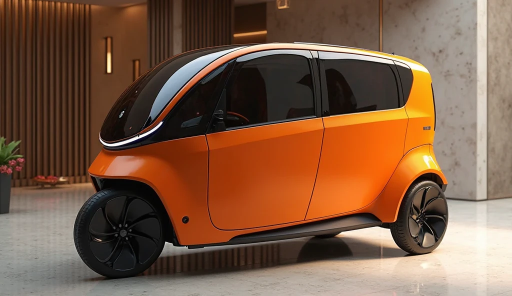 A side view of new 2026 Suzuki Auto Rickshaw orange in luxury showroom ...
