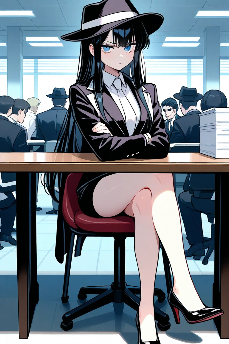 Young female mafia mob boss, black hair, blue eyes, deadpan expression ...