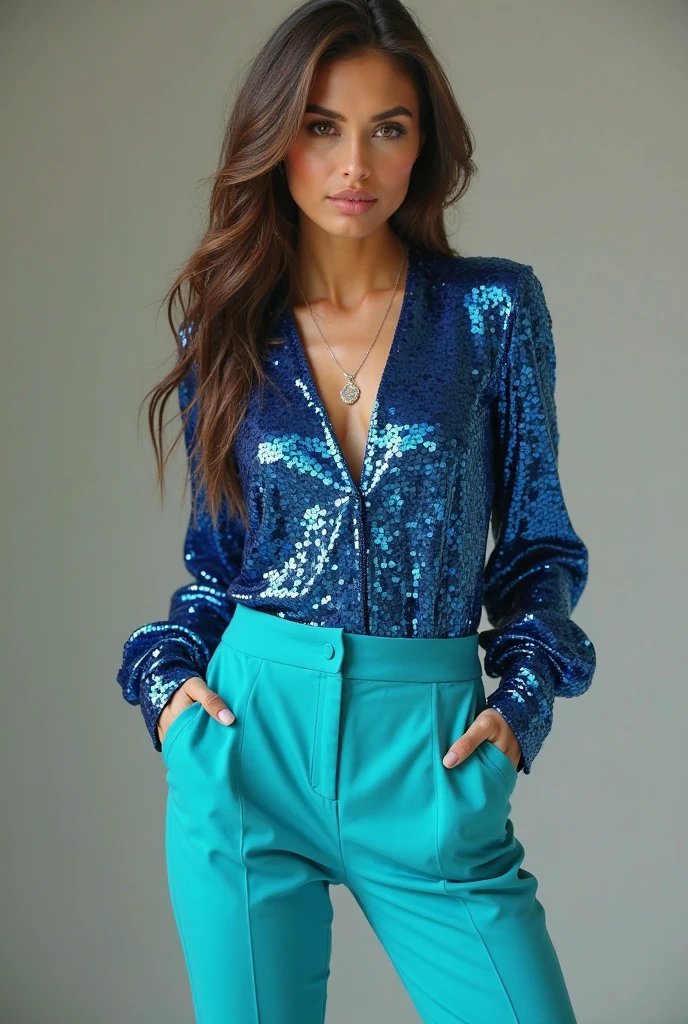 Girl with turquoise pants and electric blue sequin blouse - SeaArt AI