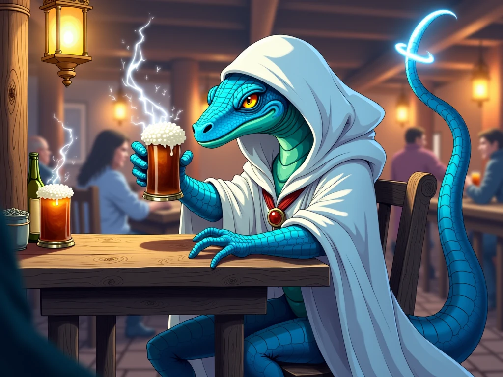Lizard man , blue scales , tail , white magic robe , dynamics - SeaArt AI