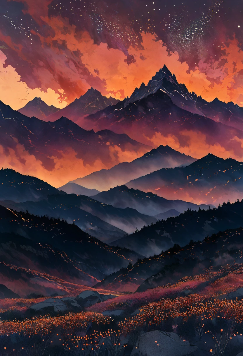 Landscape of a vast mountain range at sunset. The sky is ablaze with ...
