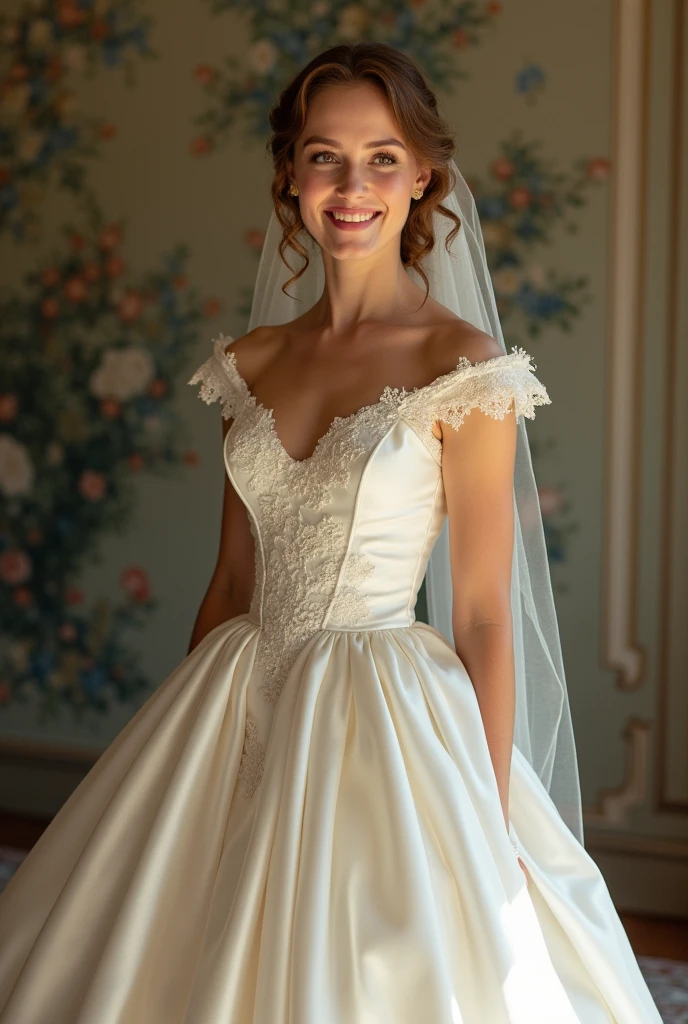A beautiful 1950s bride all dressed in satin and lace 1950s bridal gown ...