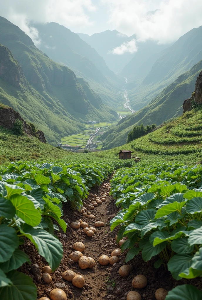 Generate a realistic photo of potato crops in the highlands and climate ...