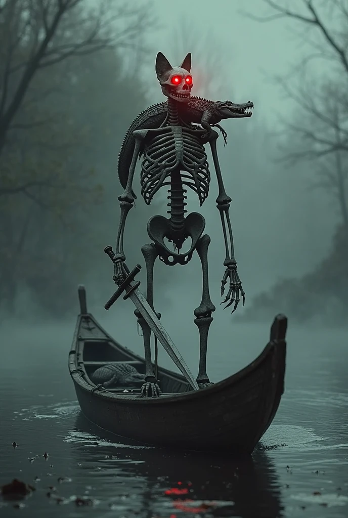 "A skeletal cat standing on a boat floating in a river. The cat - SeaArt AI