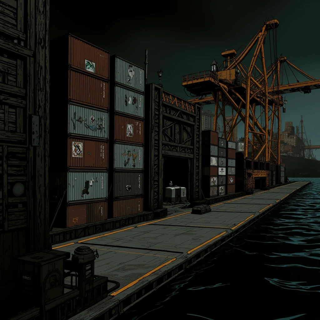 A modern port dock, full of colored containers, at night. Near the ...