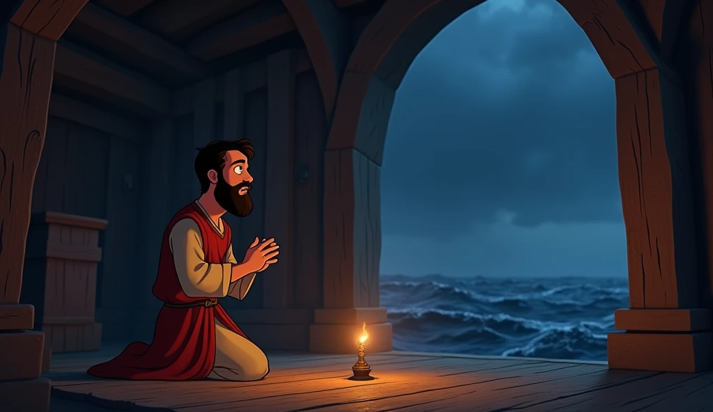 🎬 Scene — Jonas praying in the ship's hold during the storm Prompt in ...