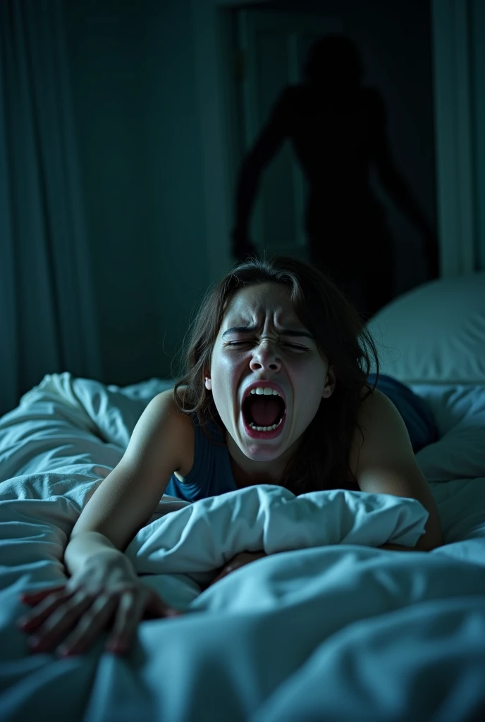 A scared young adult women with her eyes wide open lying on her bed in ...