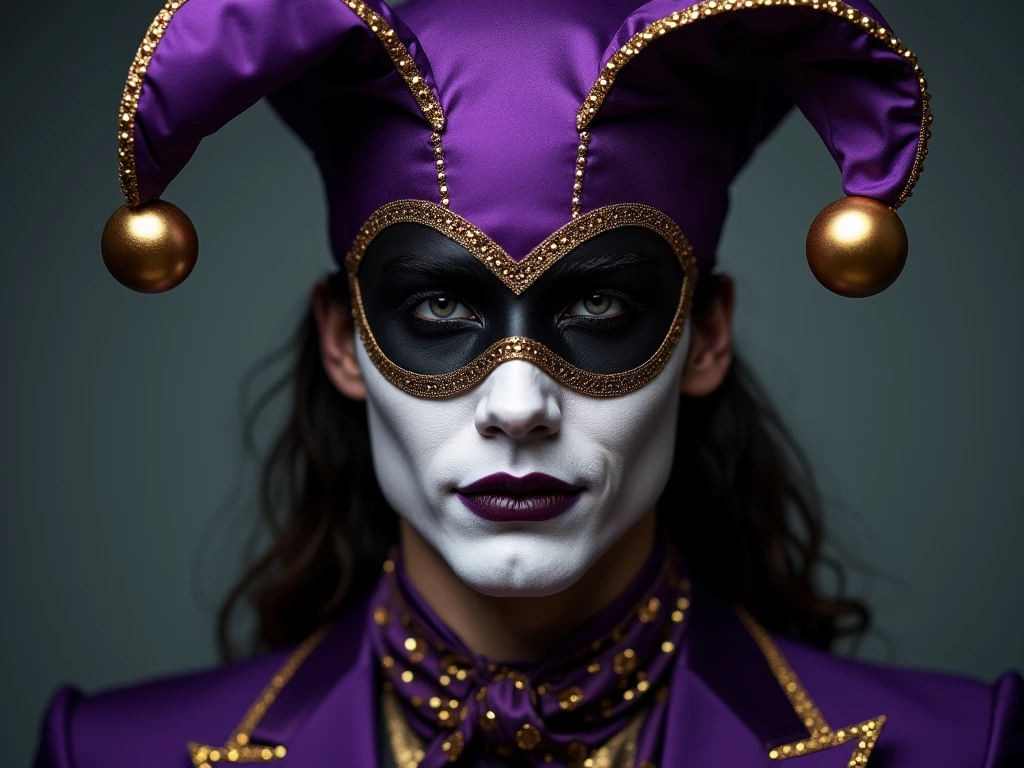 A handsome young man dressed as a harlequin, wearing a purple and black ...