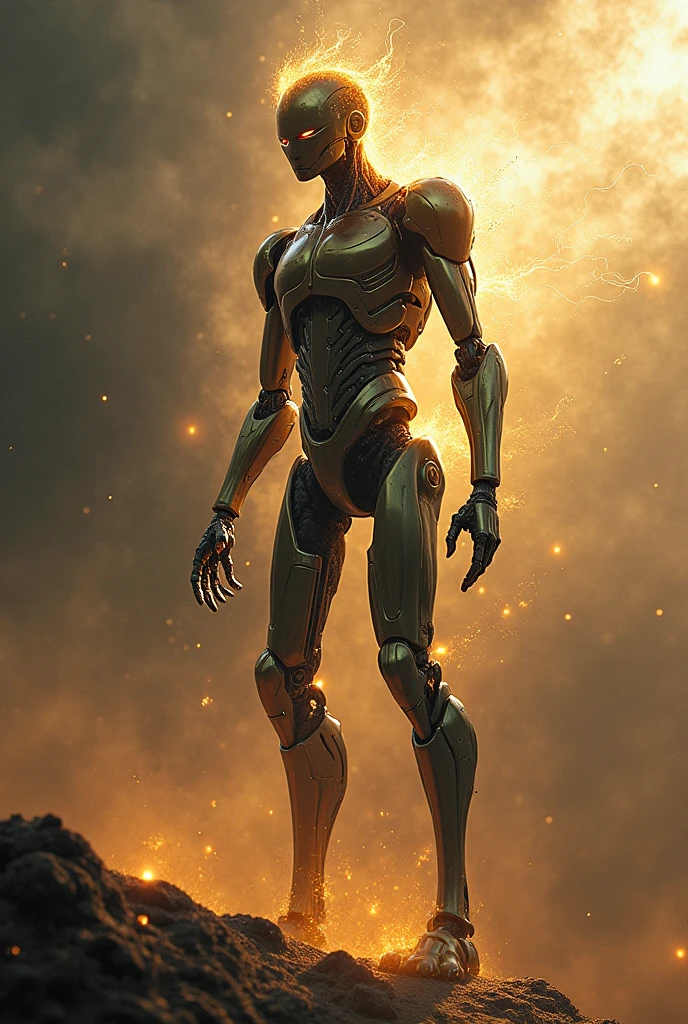 A legless robotic demon with golden parts and souls coming out of his ...