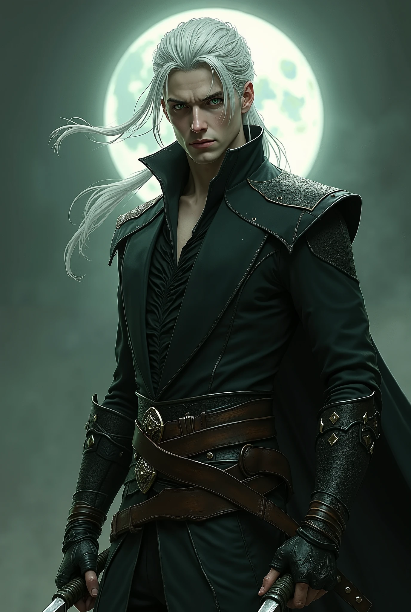 A male moon shadow elve, realistic features, suit black leather - SeaArt AI