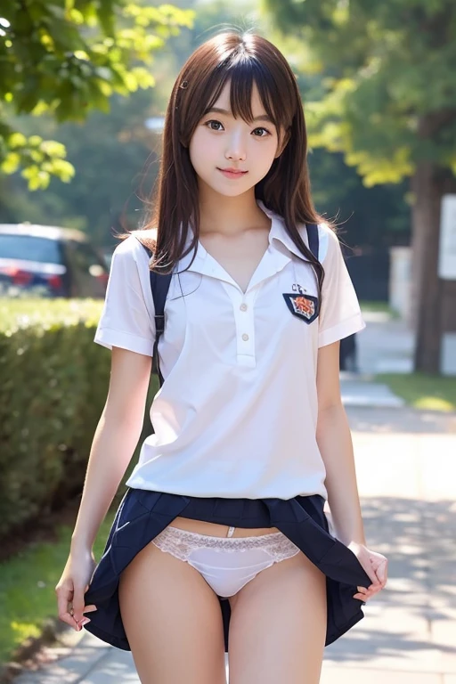 1 girl、18 years old、medium hair、school uniform、Navy Skirt、white panties with a s - SeaArt AI