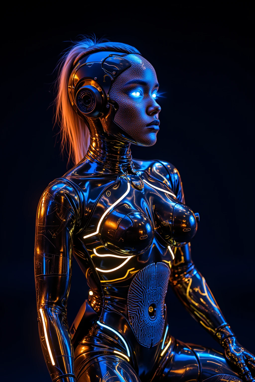 🤖 futuristic fembot portrait (8K Cyber-Glamour) 🌟 Design: Golden robot torso wi - SeaArt AI