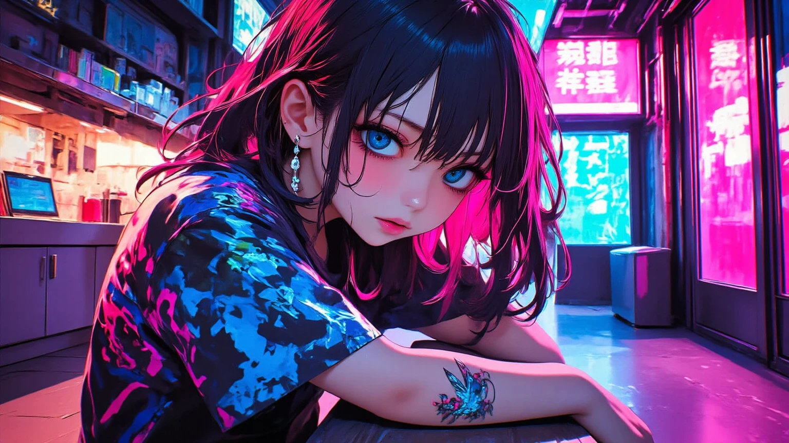 Akari is、neon gradation hair and luminous eyes along with holographic ...