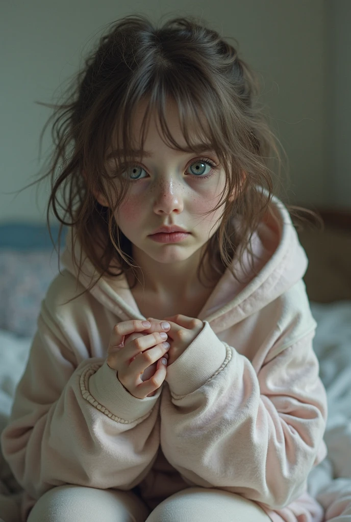 A soft, sad girl with pale skin and gray-green eyes, messy medium ...