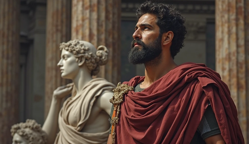 Marcus Aurelius standing in front of a statue, his solid build evident ...