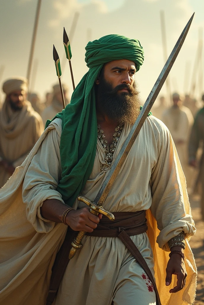 Imam Ali wearing a green turban with white long robe in battle holding ...