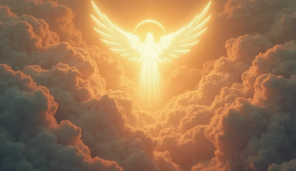 Heaven, celestial landscape, glowing angel, divine light, fluffy clouds ...