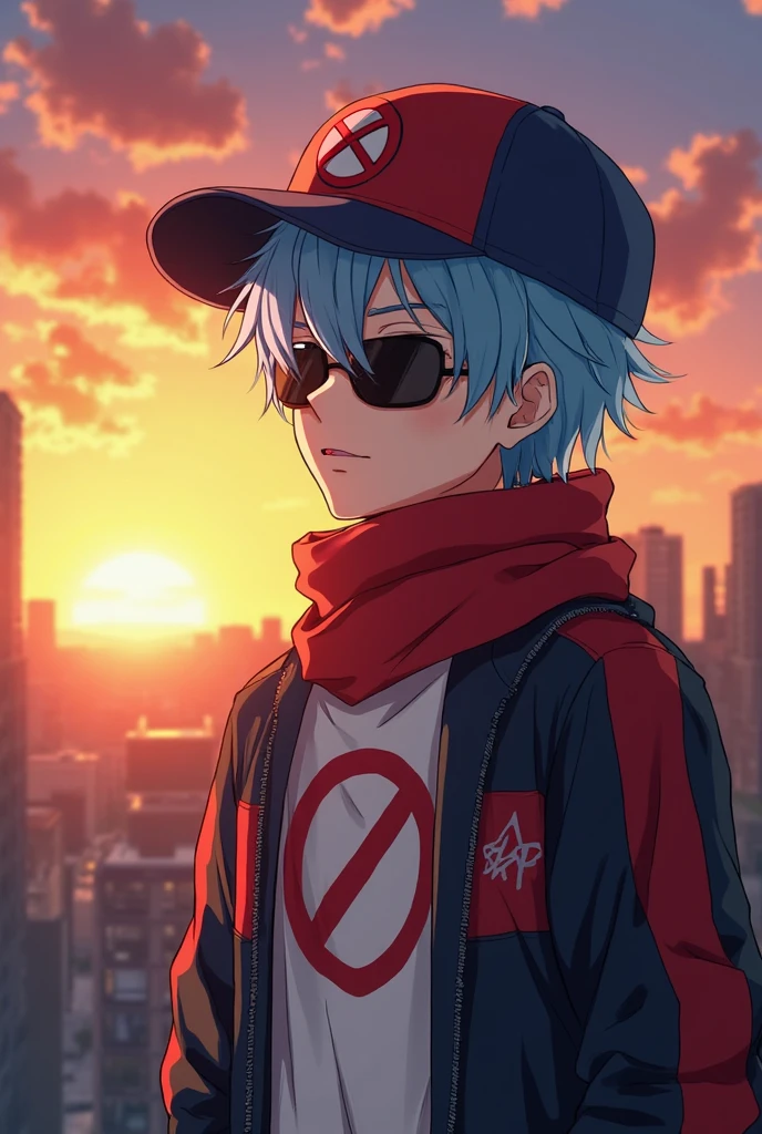 Adult boy anime, with light blue hair and wearing a red and blue cap ...