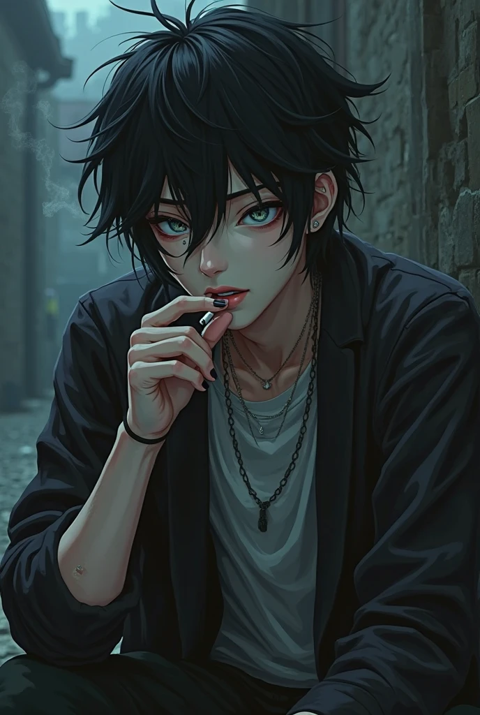 Anime style, emo boy, sitting down, smoking a cigar - SeaArt AI