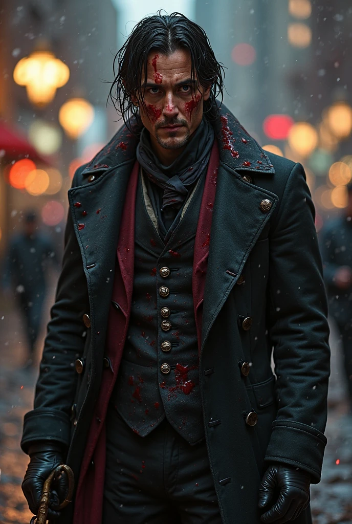 A man He's covered in blood, with splashes on the face and clothing ...