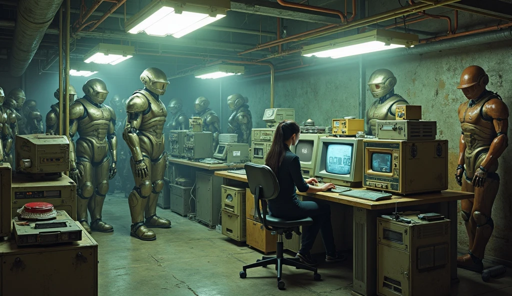 There are many robots in a room with a woman sitting at a desk - SeaArt AI