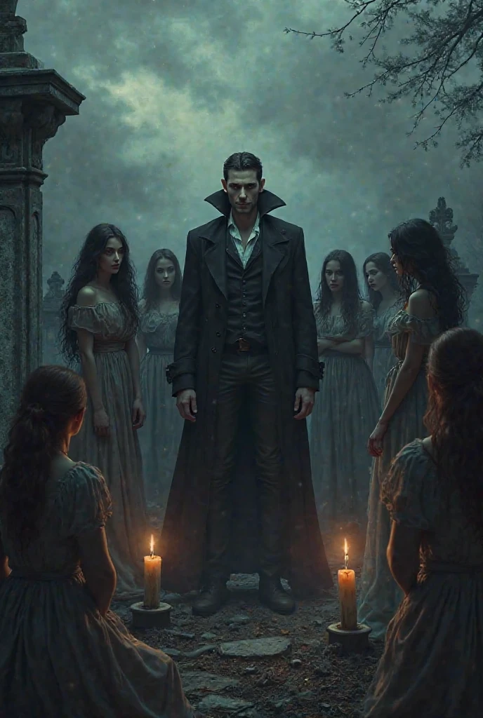 Create a gloomy scene at dusk with a vampire any. Cemetery with people ...