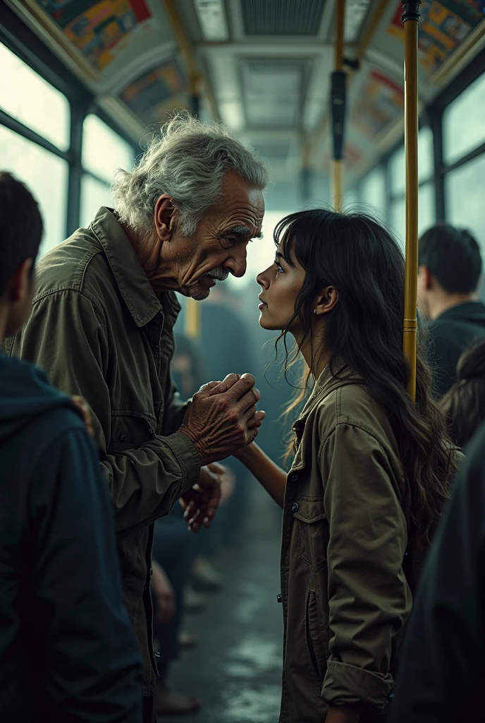 Old man caresses the chest of a young girl on a bus - SeaArt AI