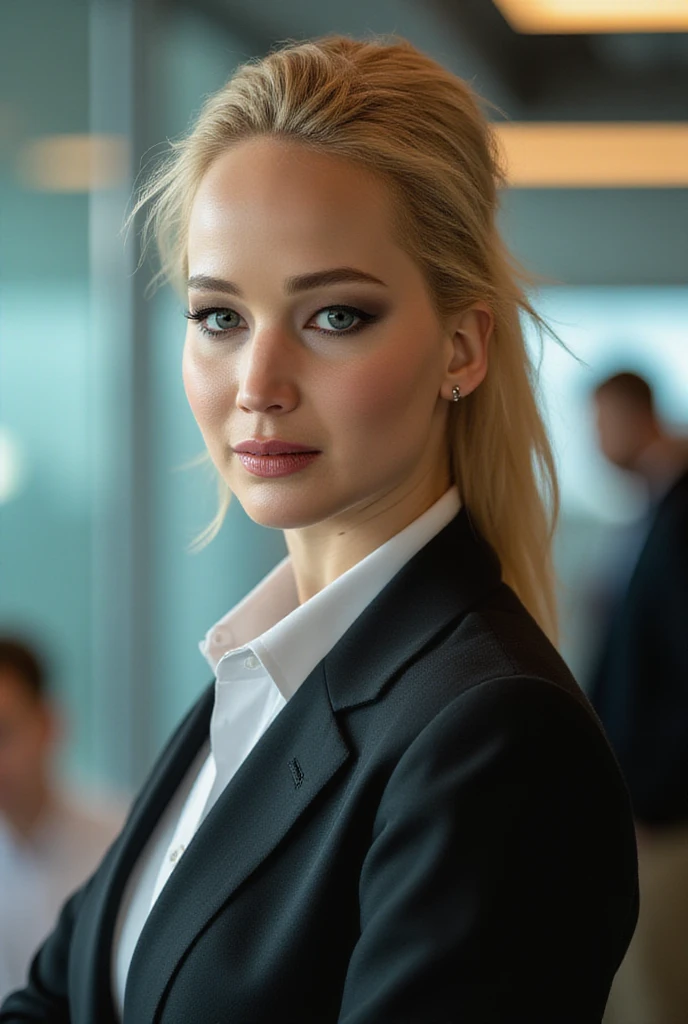 Mid-shot portrait of a beautiful jennifer_lawrence in his 30s in an hi ...