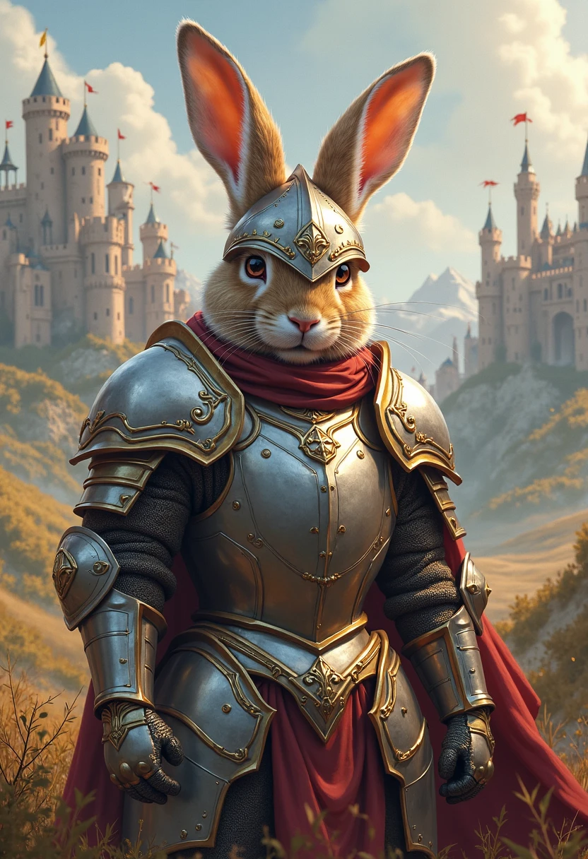 Rabbit wearing a suit of armor with a helmet where his ears poke out ...