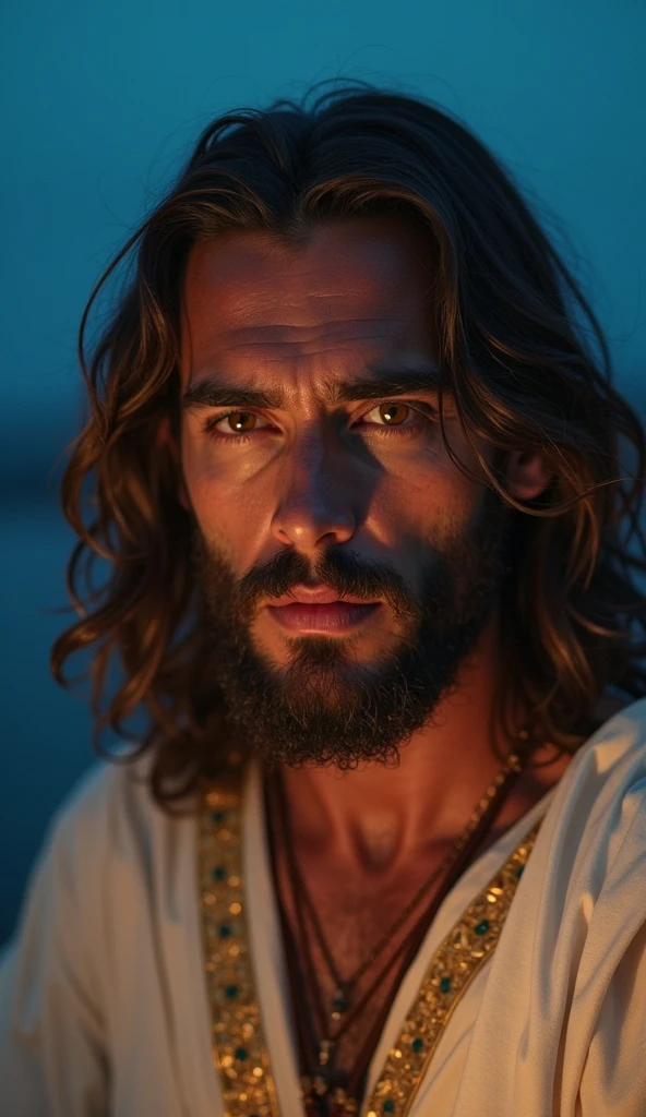 Hyperrealistic close-up portrait of Jesus of Nazareth, a man with long ...