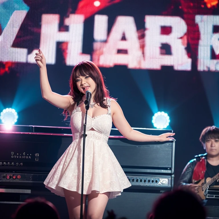 I'm watching a female singer in her 50s in a dress singing on stage ...