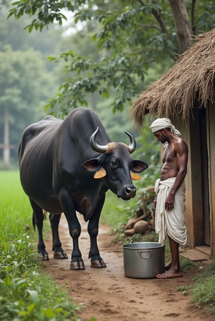 A giant, fat, black buffalo with large udders is standing beside a ...