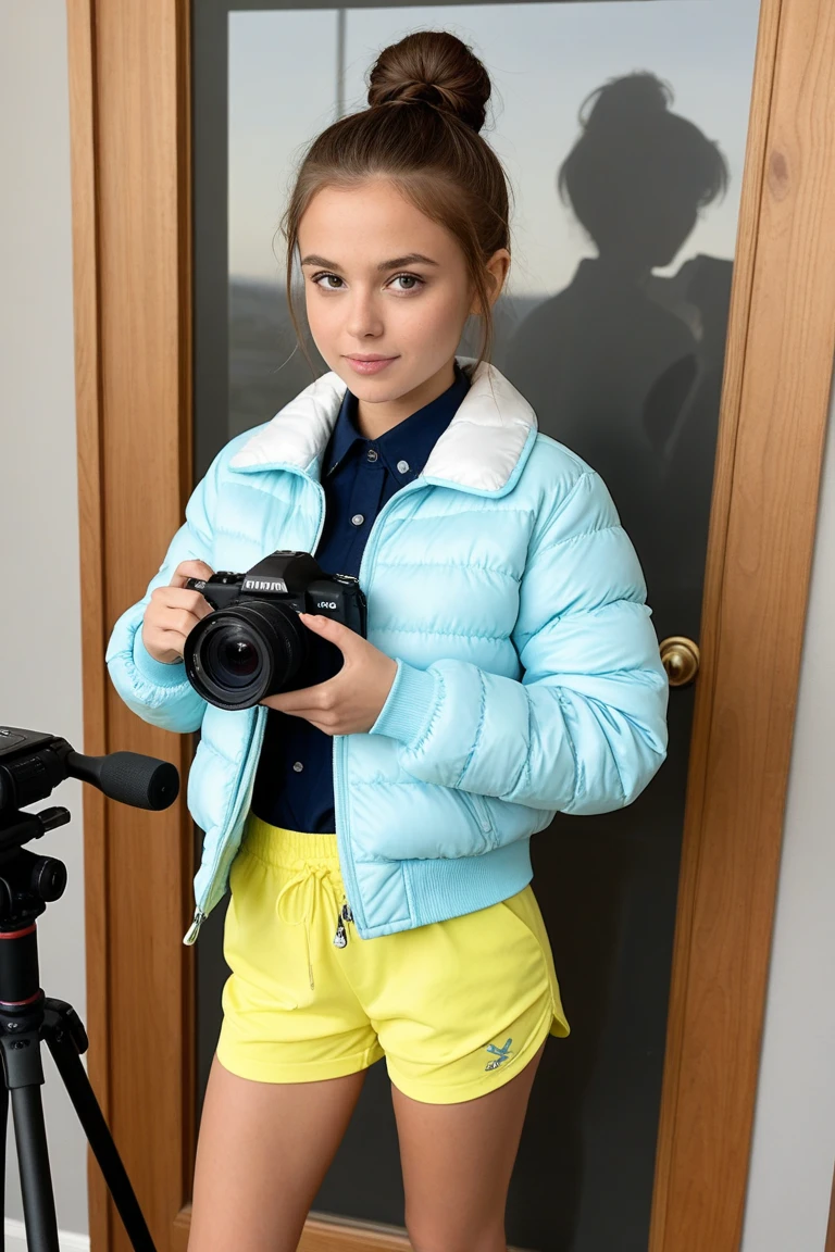 Small stature girl, Wearing puff jacket short collared shorts - SeaArt AI