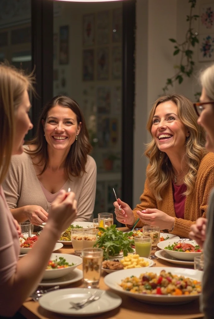 Four women aged 30–40 sitting around a dining table, eating the meal ...