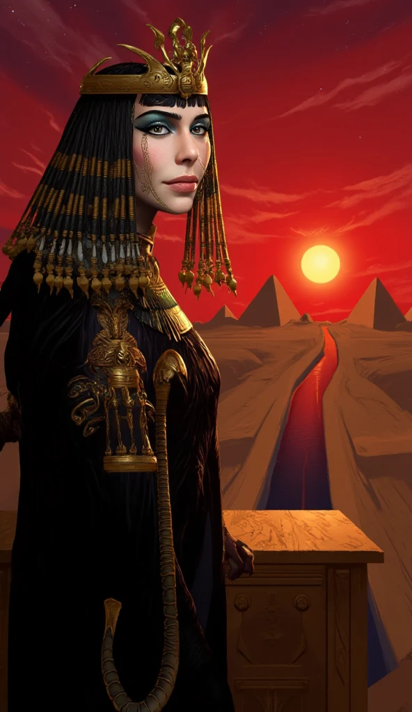 Close-up shot of Cleopatra standing on a high balcony of the palace ...