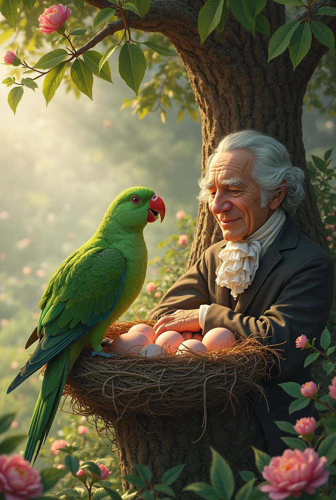 Back in the nest, the green parrot joyfully hugs its eggs with wings ...
