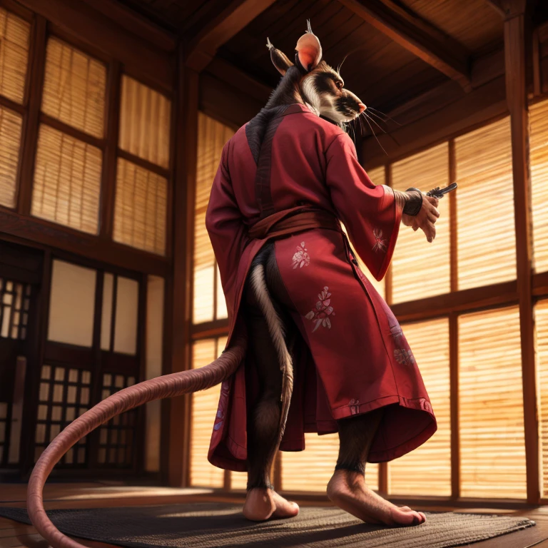 Low-angle view, standing, dojo, japanese temple, inside, clothed ...
