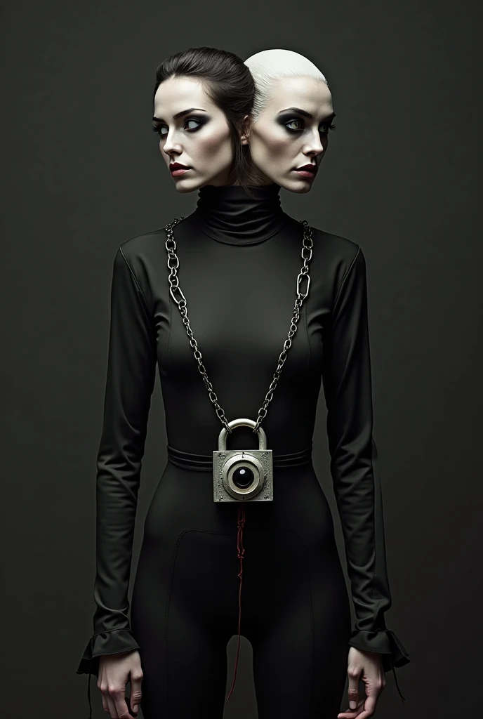 Transform into realistic, body of a woman with two heads, From the left ...
