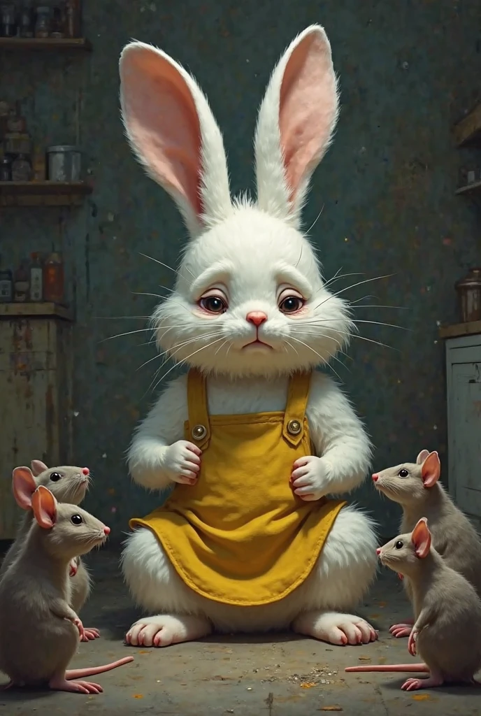 White fur rabbit, Wear a yellow apron with straps, The rabbit starts to ...