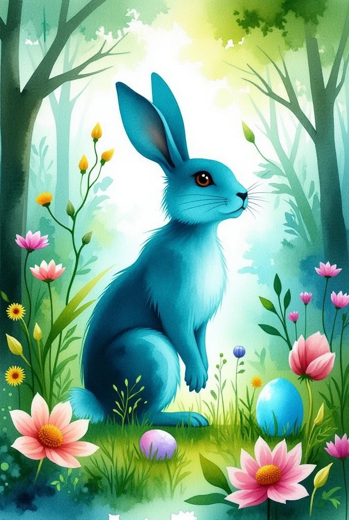 Whimsical benevolent Easter bunny in spring forest, easter egg Mucha ...