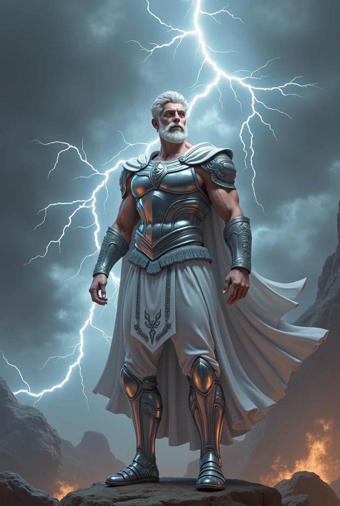 Zues, lightning background, skinny, shinning silver armor, sandal ...