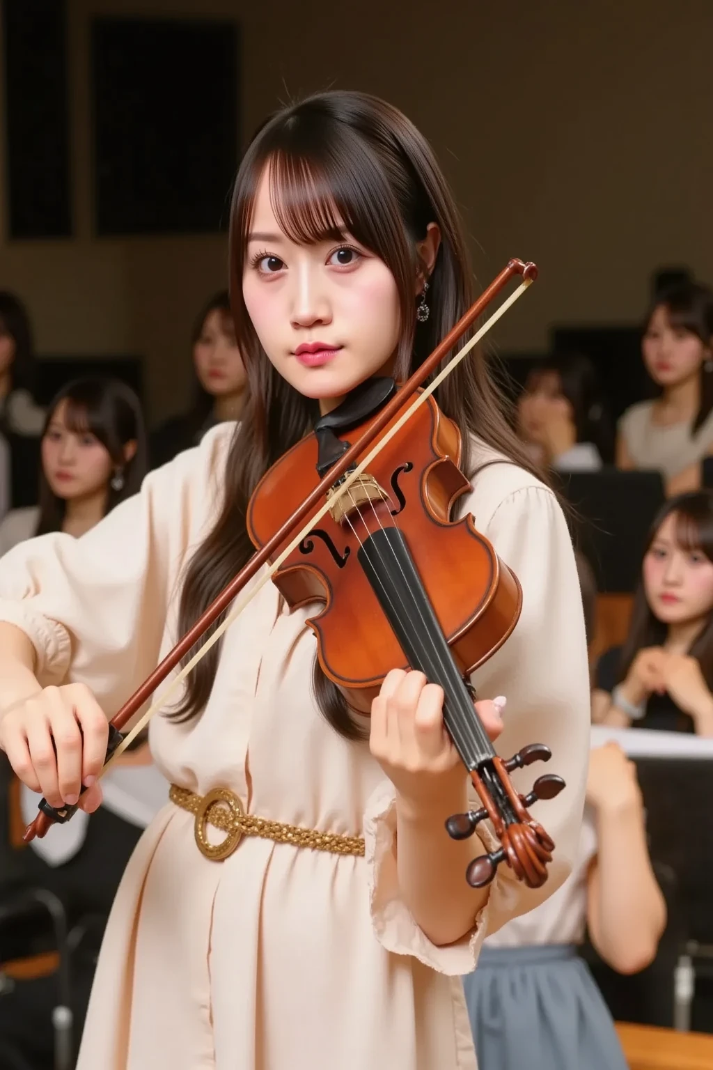 A young female violinist performing gracefully, holding a violin and ...