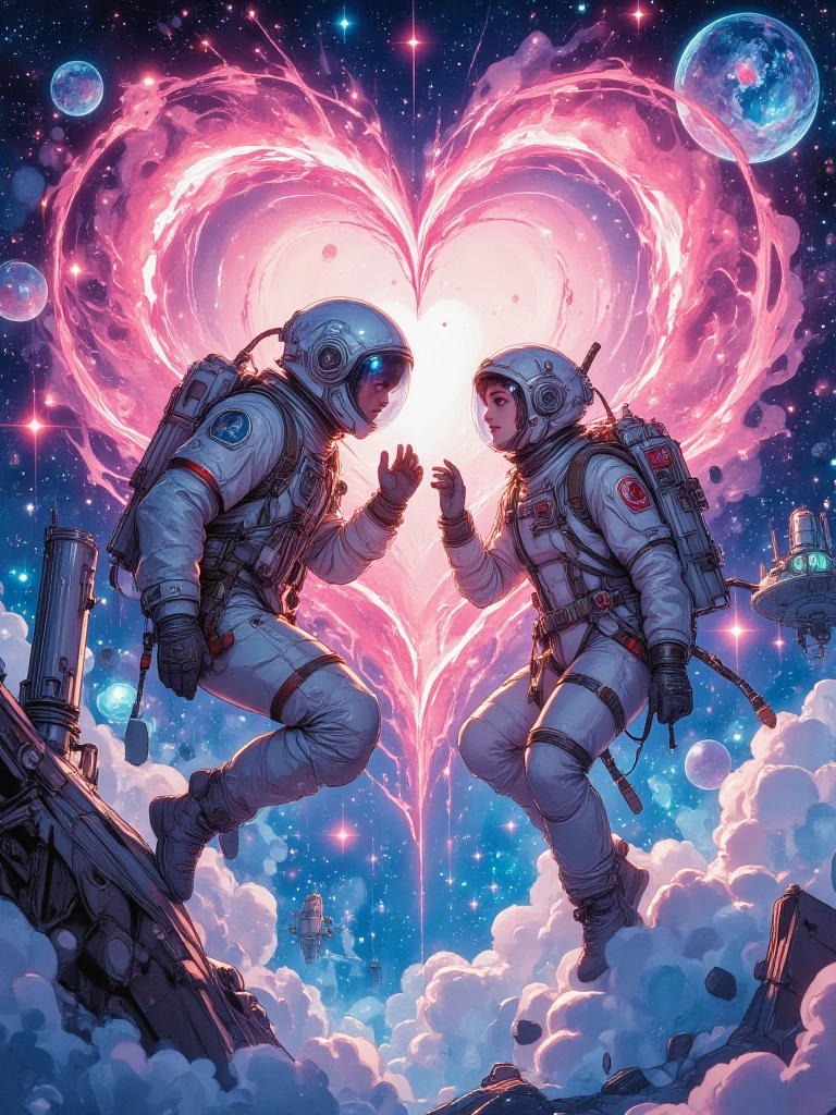 Romantic encounter in outer space, male and female astronauts - SeaArt AI