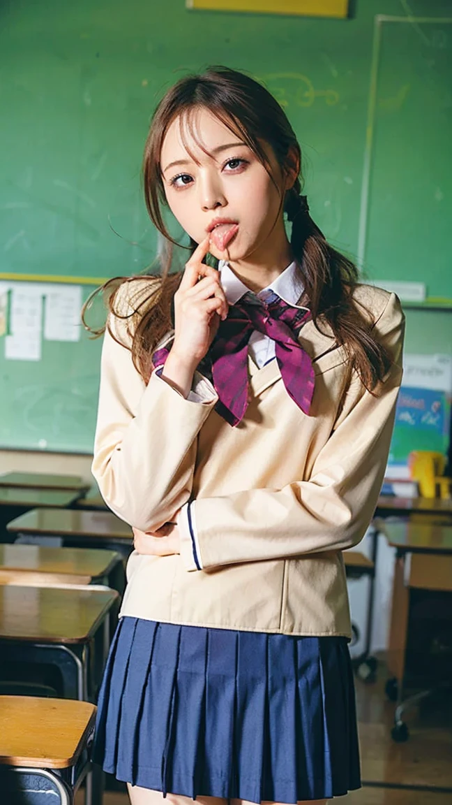 Open my mouth wide sticks out my tongue school uniform classroom - SeaArt AI