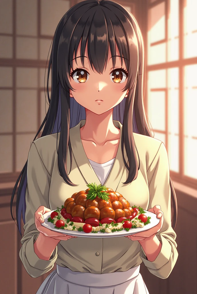 There is a woman holding a plate of food, Ayami kojima amano - SeaArt AI